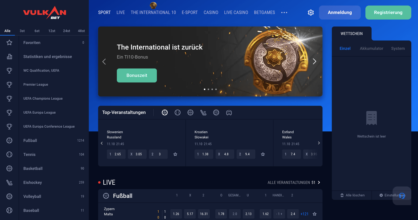 VulkanBet - Casino, Sportwetten - Bonus 100 % und 20 FS!